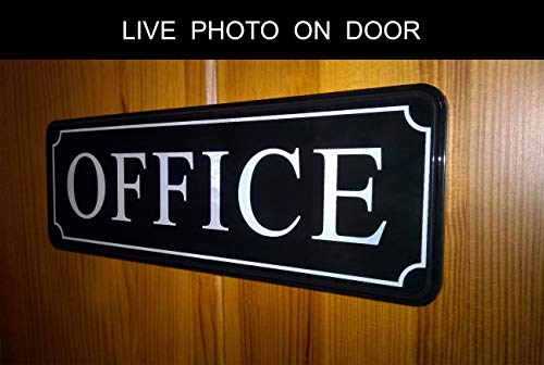 The Office sign for door or wall — quick easy installation. Self-adhesive — 9 X 3 in. The Best sign for home office and business. White big letters on black plate. Main office sign