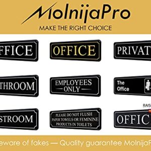 The Office sign for door or wall — quick easy installation. Self-adhesive — 9 X 3 in. The Best sign for home office and business. White big letters on black plate. Main office sign