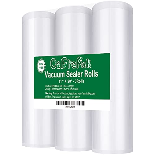 O2frepak 3 Pack 11"x20' Rolls Vacuum Sealer Bags Rolls with BPA Free,Heavy Duty Vacuum Sealer Storage Bags Rolls,Cut to Size Roll,Great for Sous Vide (Total 60 feet)