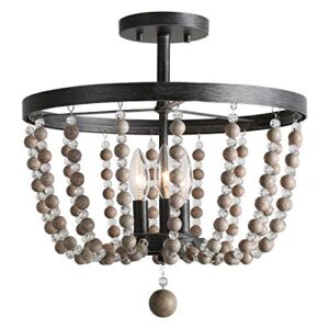 laluz ceiling light fixture, 3-light boho light fixture, farmhouse wood beaded chandelier for entryway, foyer, dark silver brushed, 16.1 ” d x 17.3” h