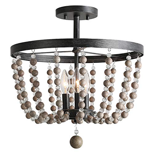 LALUZ Ceiling Light Fixture, 3-Light Boho Light Fixture, Farmhouse Wood Beaded Chandelier for Entryway, Foyer, Dark Silver Brushed, 16.1 ” D x 17.3” H