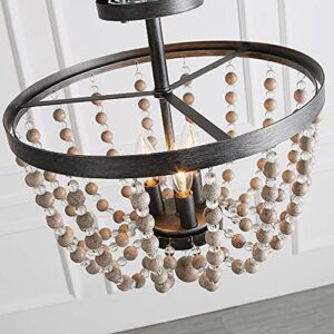 LALUZ Ceiling Light Fixture, 3-Light Boho Light Fixture, Farmhouse Wood Beaded Chandelier for Entryway, Foyer, Dark Silver Brushed, 16.1 ” D x 17.3” H