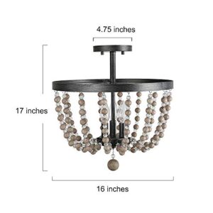 LALUZ Ceiling Light Fixture, 3-Light Boho Light Fixture, Farmhouse Wood Beaded Chandelier for Entryway, Foyer, Dark Silver Brushed, 16.1 ” D x 17.3” H