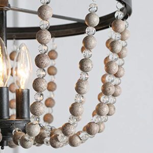 LALUZ Ceiling Light Fixture, 3-Light Boho Light Fixture, Farmhouse Wood Beaded Chandelier for Entryway, Foyer, Dark Silver Brushed, 16.1 ” D x 17.3” H