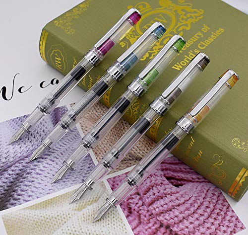 Lanxivi 5 PCS Yongsheng 3003 Fountain Pen Set Demonstrator Transparent Fine Nib with Ink Refill Converter, Perfect for Signature, School, Executive Business