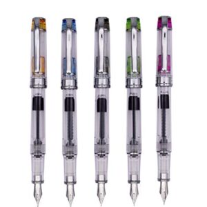 Lanxivi 5 PCS Yongsheng 3003 Fountain Pen Set Demonstrator Transparent Fine Nib with Ink Refill Converter, Perfect for Signature, School, Executive Business