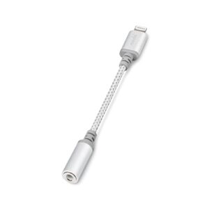 moshi integra lightning to 3.5mm headphone jack adapter [mfi certified], dac chip integrated, ballistic nylon braiding, aluminum housings, exceeds 10,000 bend cycles, for iphone/ipad, jet silver