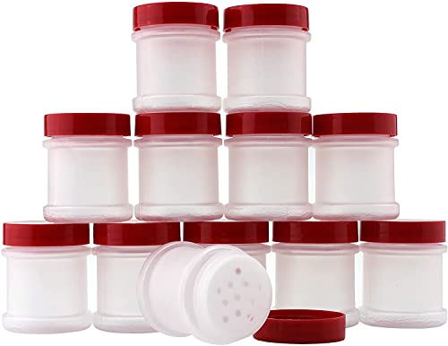 Cornucopia Brands Mini Plastic Spice Jars w/Sifters (12-Pack, Red); 2 Tablespoon Capacity (1 Fluid Ounce) Spice Bottles Great for Travel, Glitter, Gifts, Favors, Etc.