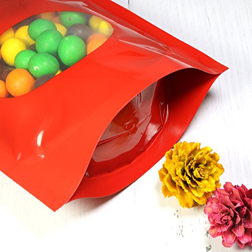 Double-Sided Matte/Glossy Color with Clear Round Window Stand-Up Pouch (100 Bags/Pack) (6.3" x 8.7", Glossy Red)