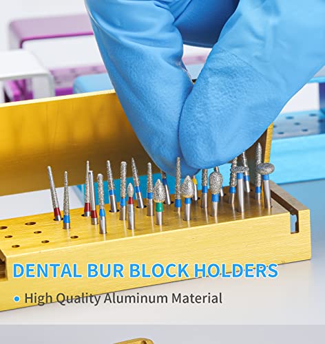 ANNWAH 4 Pcs 30 Holes Dental Bur Blocks - High Speed and Low Speed Diamond Bur Set Dental Lab Aluminum Bur Case Disinfection Opening Box Organizer Gold/Sliver/Blue/Purple