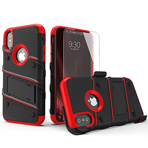 ZIZO Bolt Series for iPhone Xs Max case Military Grade Drop Tested with Tempered Glass Screen Protector, Holster, Kickstand Black RED