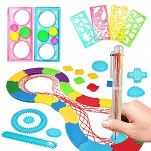 mimidou spiral designer freestyle design deluxe kit, kids drawing aid art design stencil set include multicolored gel pen, spiral shapes and geometric templates 17 pcs.