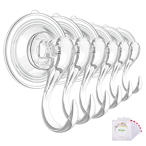 VIS'V Suction Cup Hooks, Small Clear Heavy Duty Vacuum Suction Hooks with Wipes Removable Window Glass Door Suction Hangers Reusable Suction Cup Holders for Kitchen Bathroom Shower Wreath - 6 Pcs