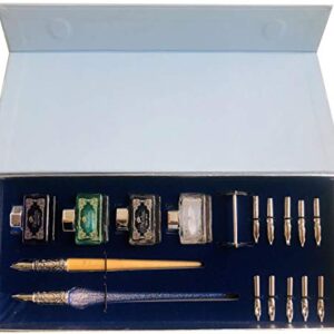 DAVELIOU 19-Piece Wizard Calligraphy Set for Beginners and Professionals, Creates Clean and Smooth Lines, Calligraphy Kit Includes Pens, Inks, Nibs, and Case (Blue & Silver)