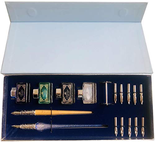 DAVELIOU 19-Piece Wizard Calligraphy Set for Beginners and Professionals, Creates Clean and Smooth Lines, Calligraphy Kit Includes Pens, Inks, Nibs, and Case (Blue & Silver)