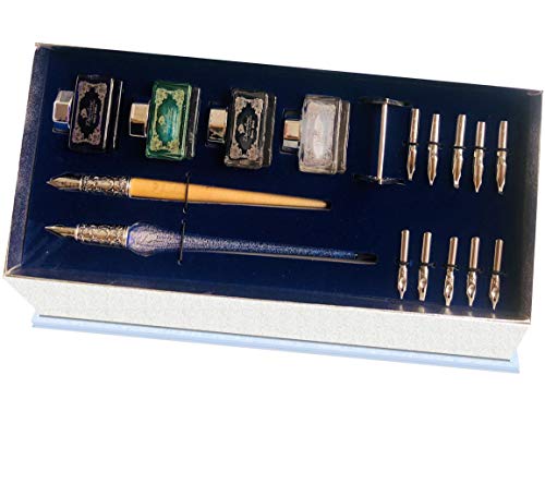 DAVELIOU 19-Piece Wizard Calligraphy Set for Beginners and Professionals, Creates Clean and Smooth Lines, Calligraphy Kit Includes Pens, Inks, Nibs, and Case (Blue & Silver)