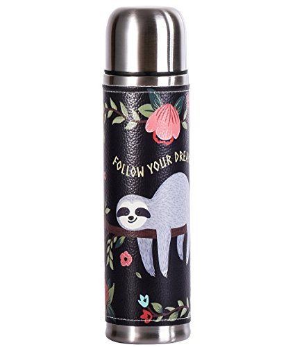 ZZKKO Sloth Follow Your Dreams Stainless Steel Water Bottle Leak Proof Vacuum Insulated Thermos Flask 17 Oz Genuine Leather Wrapped Cover