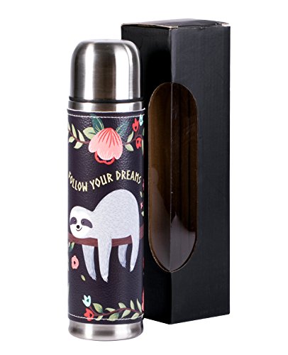 ZZKKO Sloth Follow Your Dreams Stainless Steel Water Bottle Leak Proof Vacuum Insulated Thermos Flask 17 Oz Genuine Leather Wrapped Cover