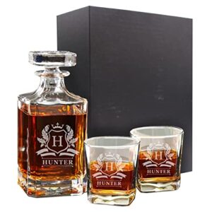 personalized whiskey decanter and 2 glasses set - custom monogrammed with cavalier design