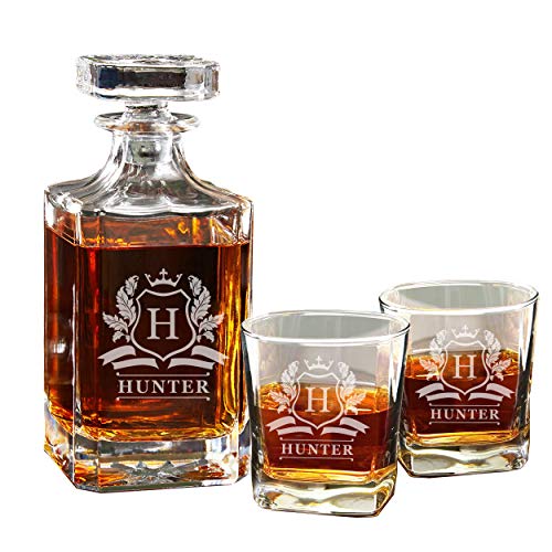 Personalized Whiskey Decanter and 2 Glasses Set - Custom Monogrammed with Cavalier Design