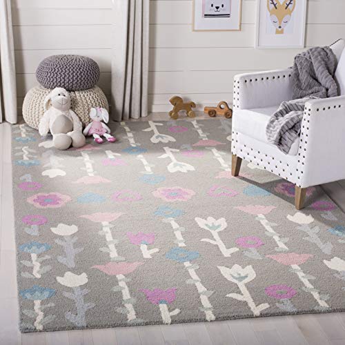 SAFAVIEH Kids Collection 5' x 8' Grey / Pink SFK918C Handmade Floral Wool Area Rug