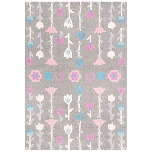 SAFAVIEH Kids Collection 5' x 8' Grey / Pink SFK918C Handmade Floral Wool Area Rug