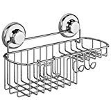 hasko accessories vacuum suction cup shower caddy | shower organizer for shampoo with hooks | adhesive 3m stick discs | holder for bathroom storage | 304 polished stainless steel