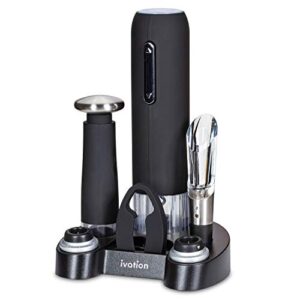 ivation wine gift set, includes electric wine bottle opener, wine aerator, vacuum wine preserver, 2 bottle stoppers, foil cutter & charging base