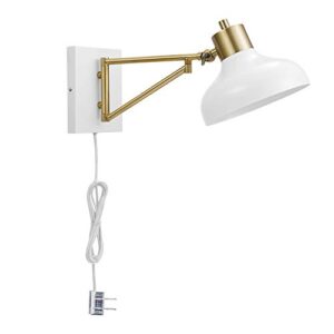 globe electric 51344 1-light plug-in or hardwire swing arm wall sconce, white, brass accents, white cloth cord, wall lighting, wall lights for bedroom, kitchen sconces wall lighting, home décor