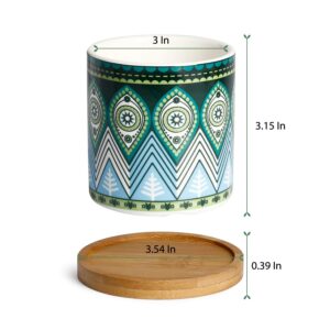 Greenaholics Succulent Planter Pots-3 Inch Small Ceramic Planters Plants Pots Mini Succulent pots with Bamboo Tray and Drainage Hole for Indoor Plants, Colorful Mandala Patterns, Set of 3