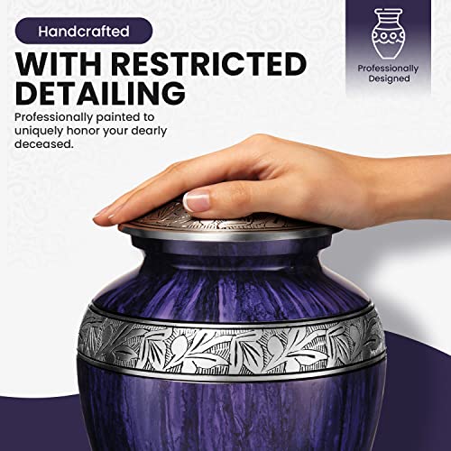 Cremation Urns for Human Ashes Large Size Adult Funeral Urns with Secured Lid for Men Women Male Female Handcrafted 9 Inch Size Purple Blue Finish 210lbs with Velvet Bag