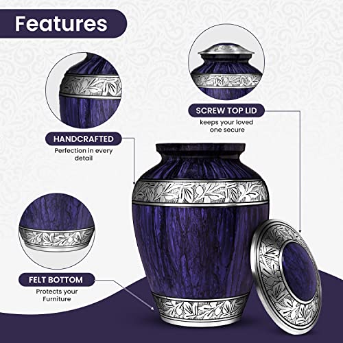 Cremation Urns for Human Ashes Large Size Adult Funeral Urns with Secured Lid for Men Women Male Female Handcrafted 9 Inch Size Purple Blue Finish 210lbs with Velvet Bag