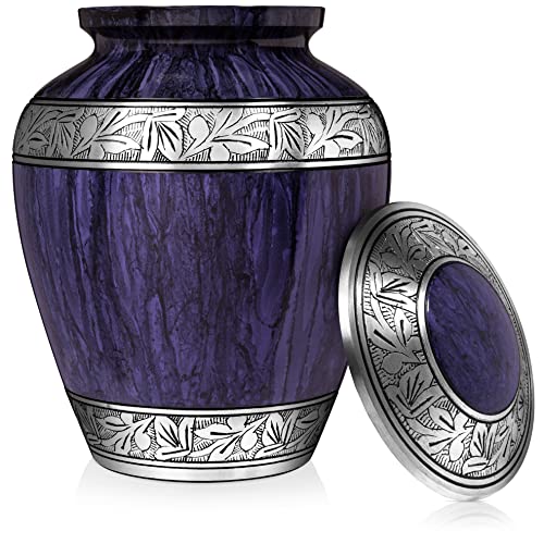 Cremation Urns for Human Ashes Large Size Adult Funeral Urns with Secured Lid for Men Women Male Female Handcrafted 9 Inch Size Purple Blue Finish 210lbs with Velvet Bag