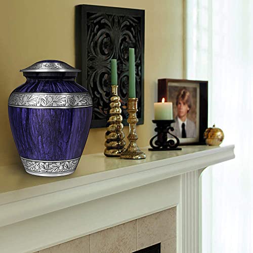 Cremation Urns for Human Ashes Large Size Adult Funeral Urns with Secured Lid for Men Women Male Female Handcrafted 9 Inch Size Purple Blue Finish 210lbs with Velvet Bag