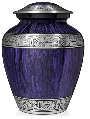 Cremation Urns for Human Ashes Large Size Adult Funeral Urns with Secured Lid for Men Women Male Female Handcrafted 9 Inch Size Purple Blue Finish 210lbs with Velvet Bag