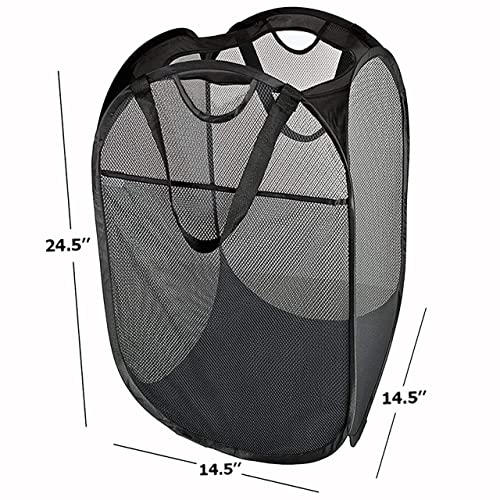 2 Pcs Strong Mesh Pop-up Laundry Hamper, Quality Laundry Basket with Durable Handles Solid Bottom High Carbon Steel Frame, Easy to Open and Fold Flat for Storage(Black)