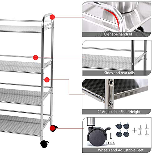 YKEASE 4-Shelf Shelving Units on Wheels Stainless Steel Kitchen Cart Microwave Stand - Bathroom Garage Storage Shelves 24 Inches Wide