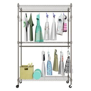 kemanner Heavy Duty Rolling Garment Rack 3-Tiers Wire Shelving W/ Double Rods & Lockable Wheels & 1 Pair Side Hooks - Hold Up to 400Lbs (Gray, 2Rod 2Hook)