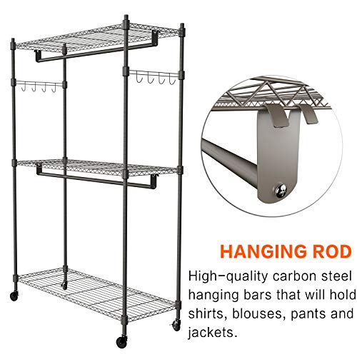 kemanner Heavy Duty Rolling Garment Rack 3-Tiers Wire Shelving W/ Double Rods & Lockable Wheels & 1 Pair Side Hooks - Hold Up to 400Lbs (Gray, 2Rod 2Hook)