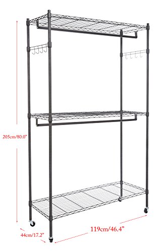 kemanner Heavy Duty Rolling Garment Rack 3-Tiers Wire Shelving W/ Double Rods & Lockable Wheels & 1 Pair Side Hooks - Hold Up to 400Lbs (Gray, 2Rod 2Hook)