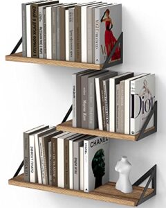 bayka floating shelves for bedroom decor, rustic wood wall shelves for living room wall mounted, hanging shelving for bathroom, laundry room, small shelf for plants, books(brown,set of 3)