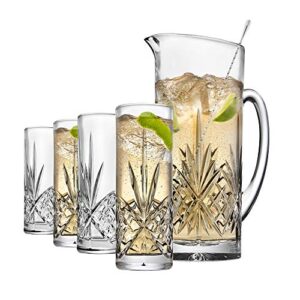 godinger barware beverage set - mixing pitcher carafe, stirrer and 4 collins tall drinking glasses - dublin collection