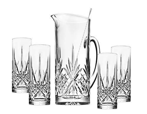 Godinger Barware Beverage Set - Mixing Pitcher Carafe, Stirrer and 4 Collins Tall Drinking Glasses - Dublin Collection