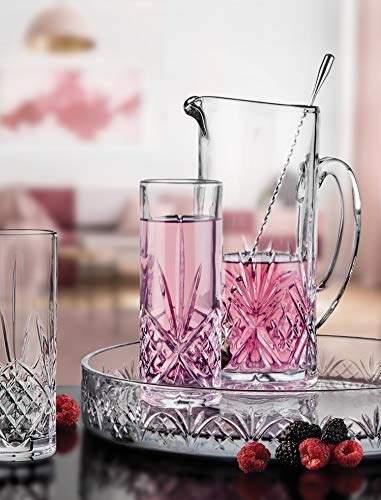 Godinger Barware Beverage Set - Mixing Pitcher Carafe, Stirrer and 4 Collins Tall Drinking Glasses - Dublin Collection