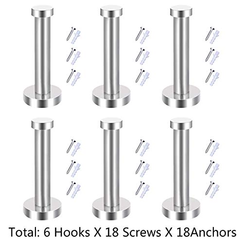 Onwon 6 Pieces Stainless Steel Bath Towel Hooks Brushed Nickel Single Super Heavy Duty Wall Mount Coat Hook Robe Wall Hook Fit for Bathroom, Bedroom, Living Room, Fitting Room, Office (100mm)