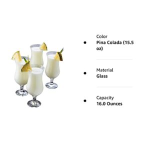 Epure Venezia Collection 4 Piece Hurricane Glass Set - Perfect for Drinking Pina Coladas, Cocktails, Full-Bodied Beer, Juice, and Water (Pina Colada (15.5 oz))