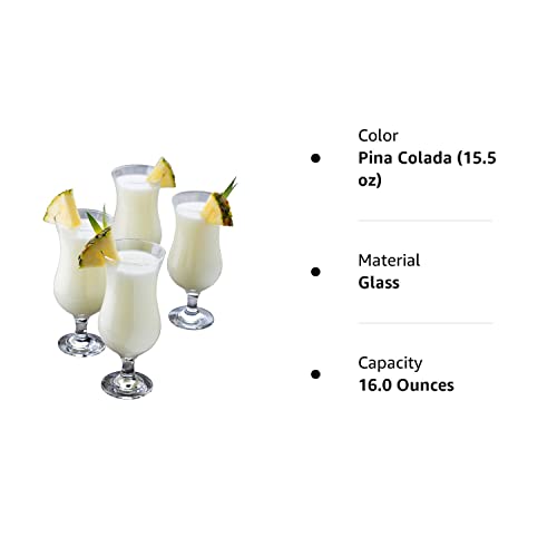 Epure Venezia Collection 4 Piece Hurricane Glass Set - Perfect for Drinking Pina Coladas, Cocktails, Full-Bodied Beer, Juice, and Water (Pina Colada (15.5 oz))