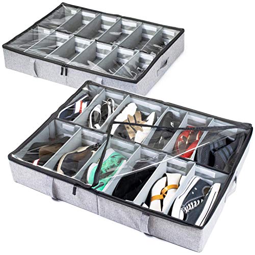 storageLAB Under Bed Shoe Storage Organizer, Adjustable Dividers - Set of 2, Fits 24 Pairs Total - Underbed Storage Solution (Dark Grey)