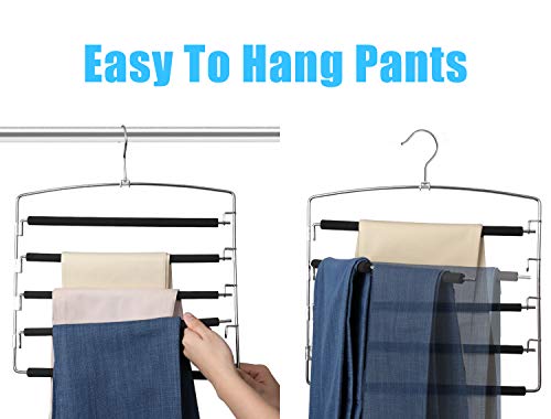 Meetu Pants Hangers 5 Layers Stainless Steel Non-Slip Foam Padded Swing Arm Space Saving Clothes Slack Hangers Closet Storage Organizer for Pants Jeans Trousers Skirts Scarf Ties Towels (Pack of 1)