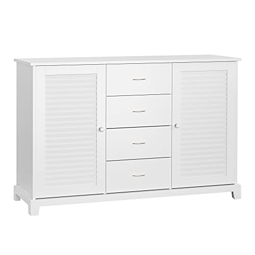 HOMCOM Sideboard Buffet Cabinet, Kitchen Cabinet, Coffee Bar Cabinet with 4 Drawers and 2 Louvered Doors for Living Room, Kitchen, White